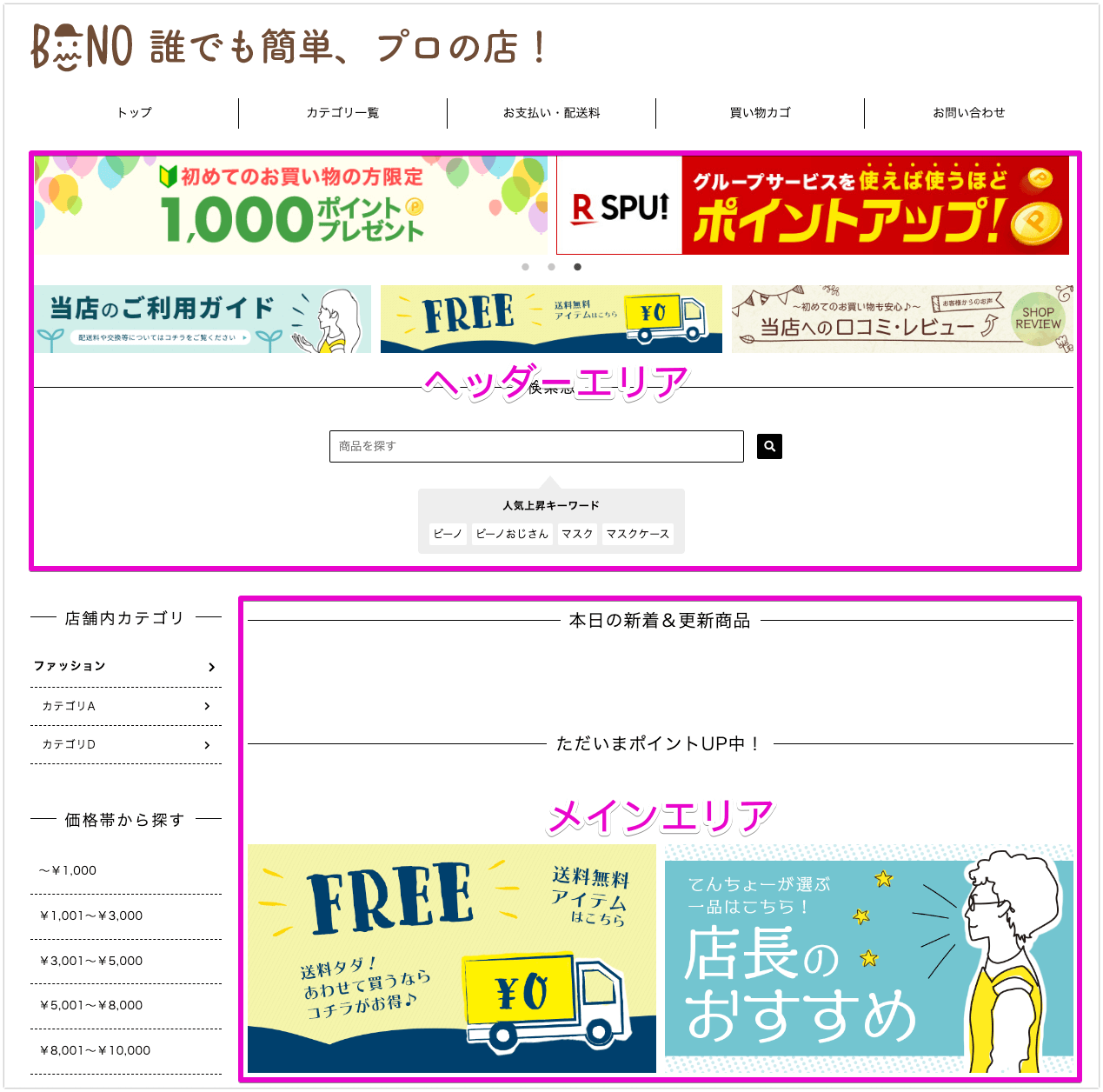 【商品ページ・カテゴリページ】ヘッダーを非表示にしたり、トップページとは違うヘッダーにできますか？ - Biiino（ビーノ）ラボ｜楽天市場ショップ向けページ制作ツール